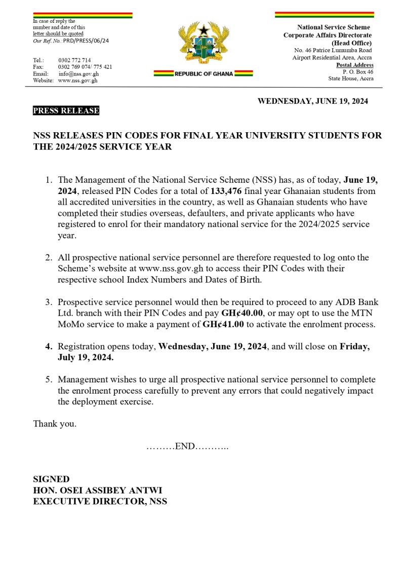 NSS Releases PIN Codes for Final-Year Ghanaian Students - MyYADTv.com